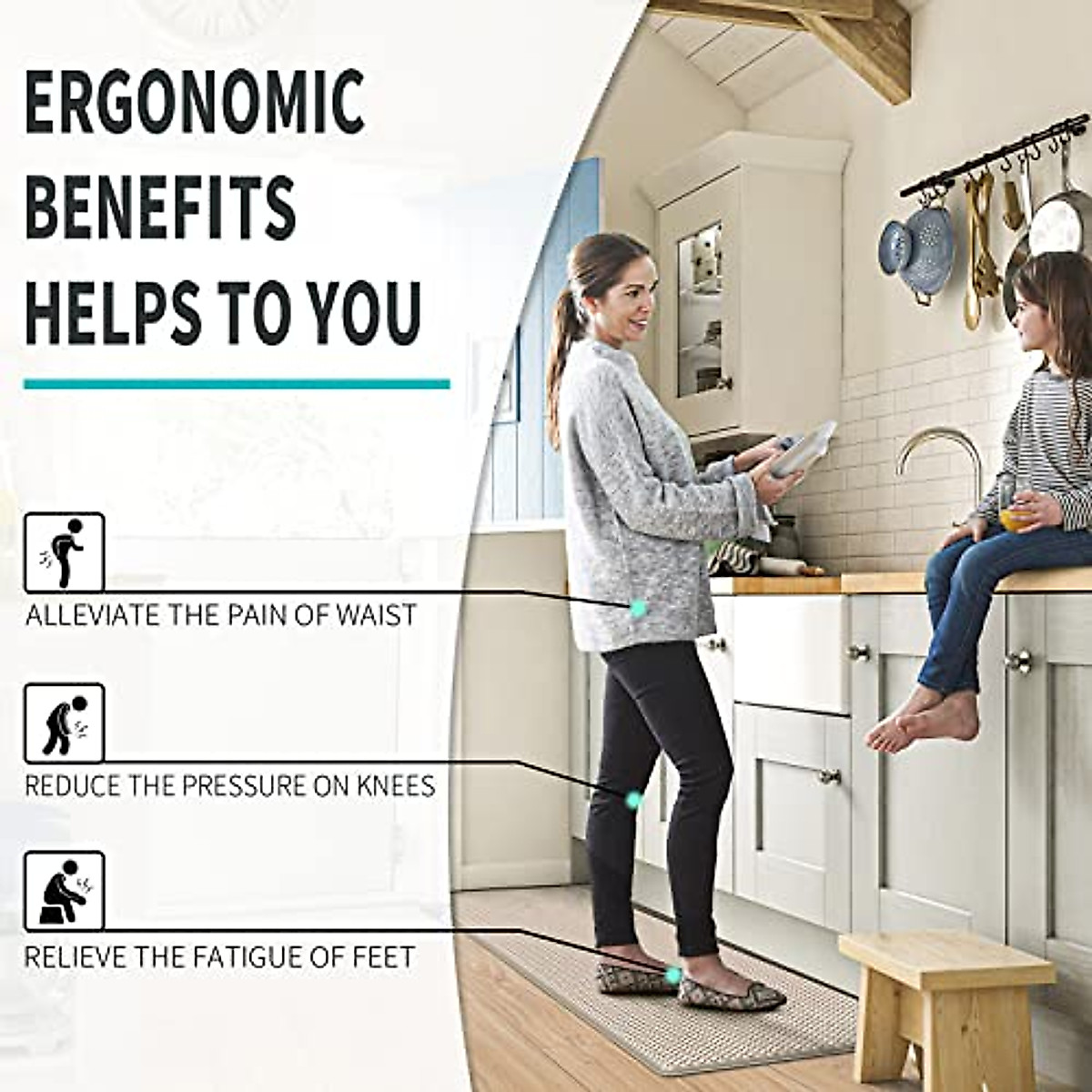 DEXI Kitchen Rugs and Mats Cushioned Anti Fatigue Comfort Mat Non Slip Standing Rug 2 Pieces Set 17"x29"+17"x59",Beige White