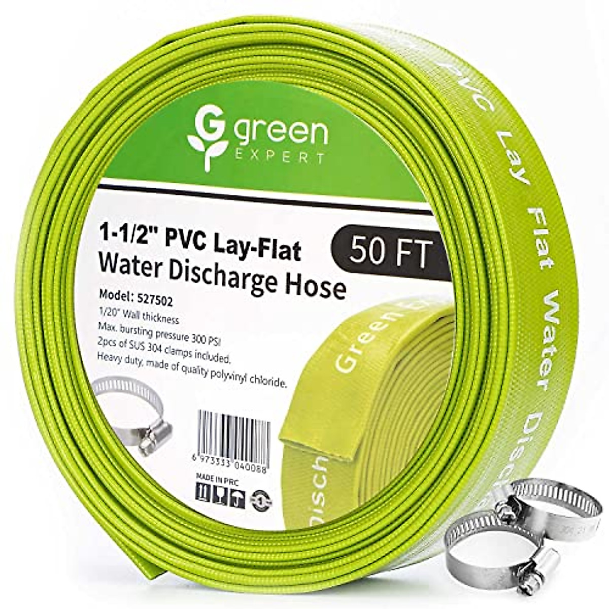 Green Expert 1.5" ID Length 50 Feet PVC Lay-Flat Water Discharge Hose Pump Draining Kit Heavy Duty Backwash Hose Great for Water Disposal in Garden Farm Swimming Pools 527502