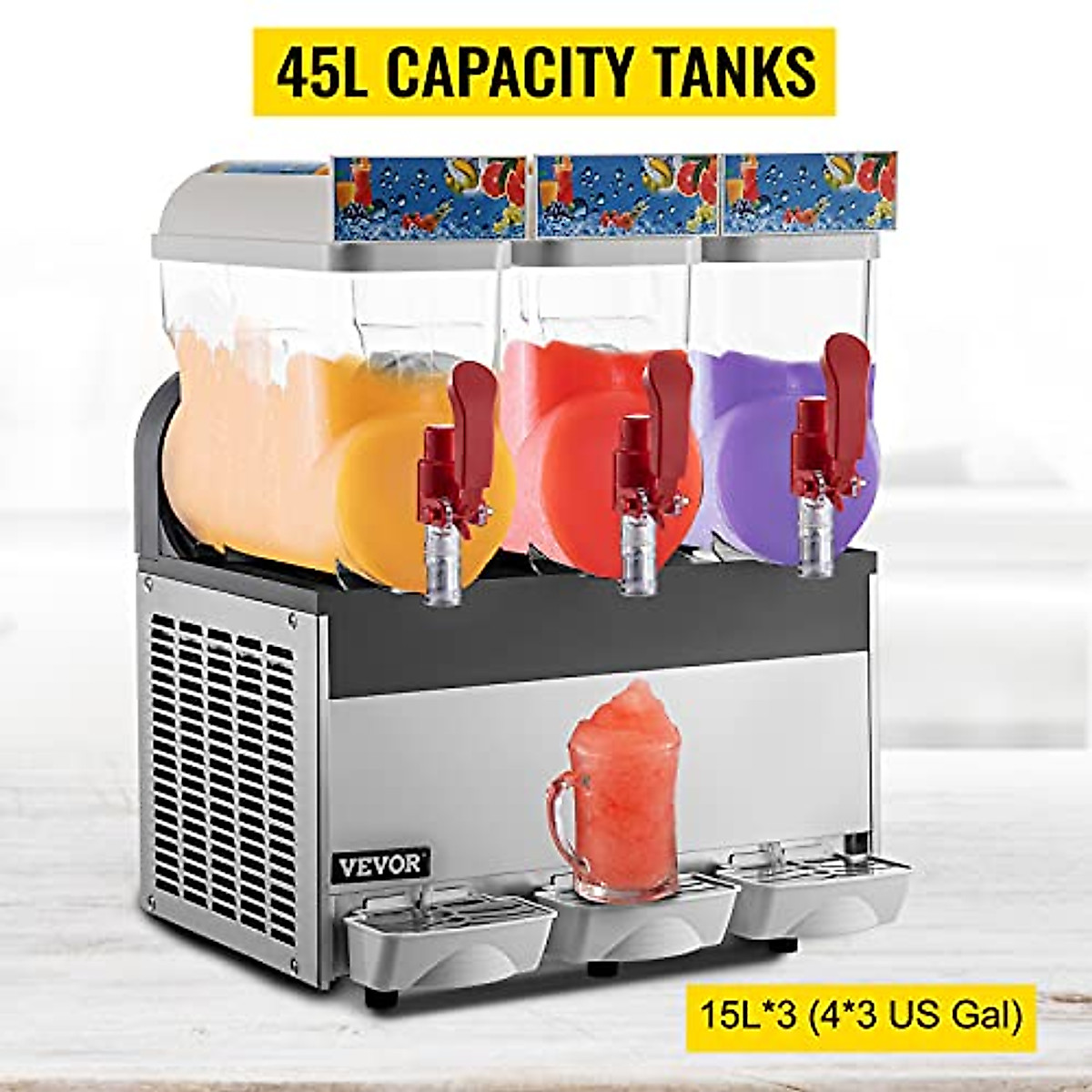 Happybuy 110V Commercial Slushy Machine 15L x 3 Tank Frozen Drink Machine 1800W Commercial Margarita Machine Stainless Steel Suitable for Supermarkets Cafes Restaurants Snack Bar