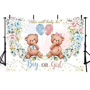 MEHOFOND 8x6ft Bear Gender Reveal Baby Shower Party Backdrop Boy or Girl Blush Pink Blue Floral Photography Background Party Decor Blue and Pink Balloons Gold Confetti Photobooth