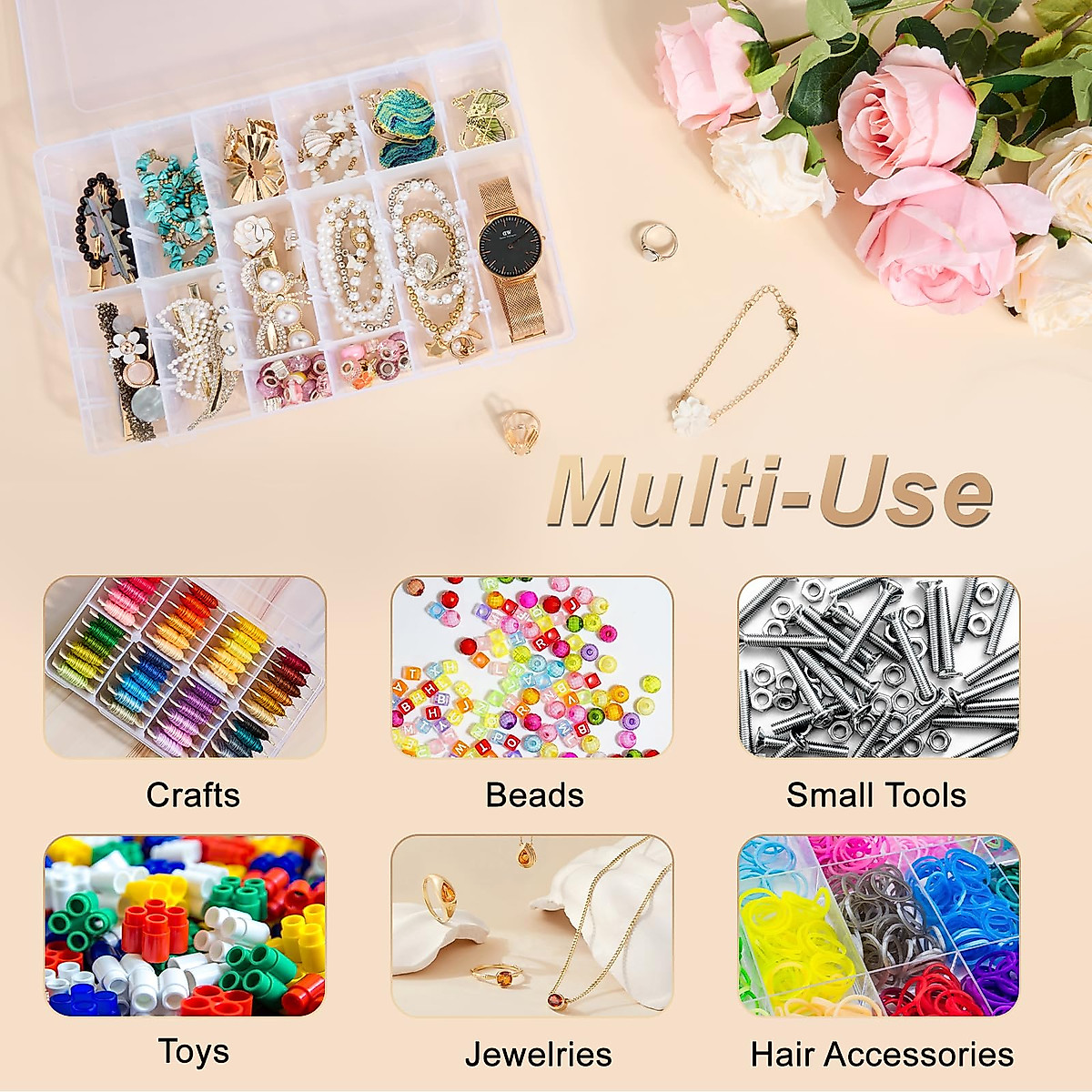 Mauproy 18 Grids Large Plastic Organizer Box with Adjustable Dividers, Clear Compartment Storage Container Tackle Box with Label Stickers for Beads, Crafts, Jewelries, Tools