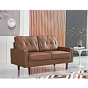 Container Furniture Direct Modern Style Faux Leather Loveseat with Elegant Round Tapered Legs and Button Tufted Backrest Perfect for Living Room, Bedroom or Home Office, 57.5’’ Wide, Brown