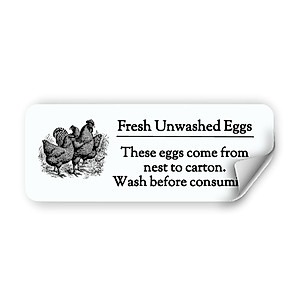 60 unwashed egg carton labels for chicken egg safety, and handling. Fresh Unwashed Eggs stickers for your fresh egg cartons. Perfect for the small business egg merchant.