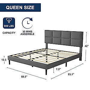 Molblly Queen Bed Frame Upholstered Platform with Headboard, Strong Frame and Wooden Slats Support, Linen Fabric Wrap, Non-Slip and Noise-Free,No Box Spring Needed, Easy Assembly, Dark Grey