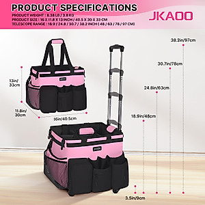 JKAOO Large Rolling Cleaning Caddy Bag with Detachable Trolley, Waterproof Cleaning Caddy on Wheels for Housekeepers, Cleaning Cart Supplies Organizer for Home,Car,Office,Picnic (Pink) (in Patent)