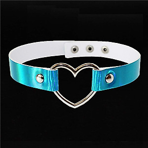 Jurxy 3PCS Heart Choker Necklace PU Leather Goth Choker Collar with Heart Punk Fluorescence Collar Adjustable Size – Blue White Pink