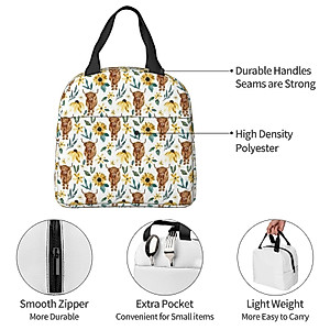 bzaxxqi Highland Cow And Sunflowers Wildflowers Lunch Bags For Women Men,Cow Lunch Box Reusable Tote Bag With Pocket Lunch Handbag For Work Picnic Travel