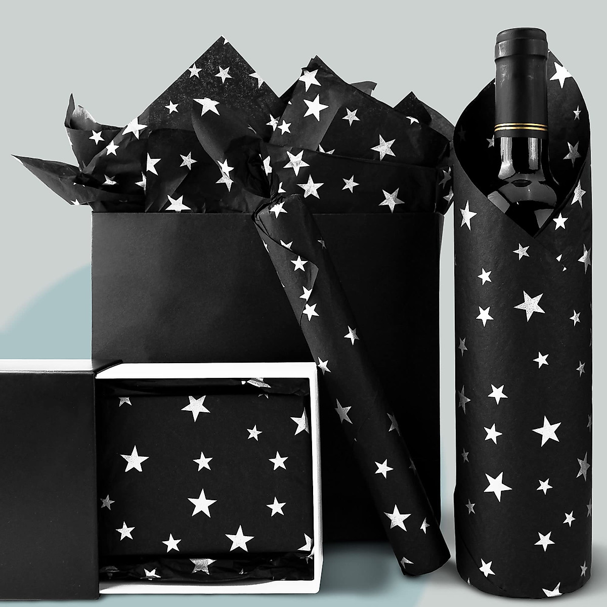 100 Sheets Black with Silver Star Tissue Paper,Black Silver Tissue Paper for Gift Bags,Silver Gift Wrapping Tissue for Halloween Christmas,Wedding,Birthday,14 x 20 Inch