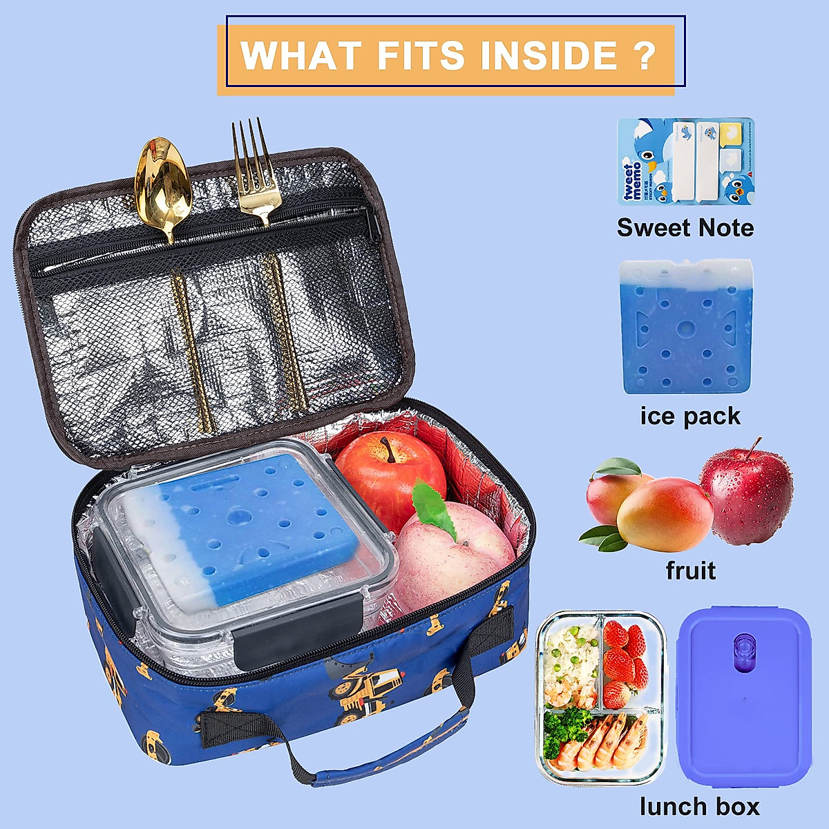 Lunch Box Kids Boys Insulated Lunch Cooler Bag Reusable Lunch Tote Kit for School Travel (Engineering Car Blue)