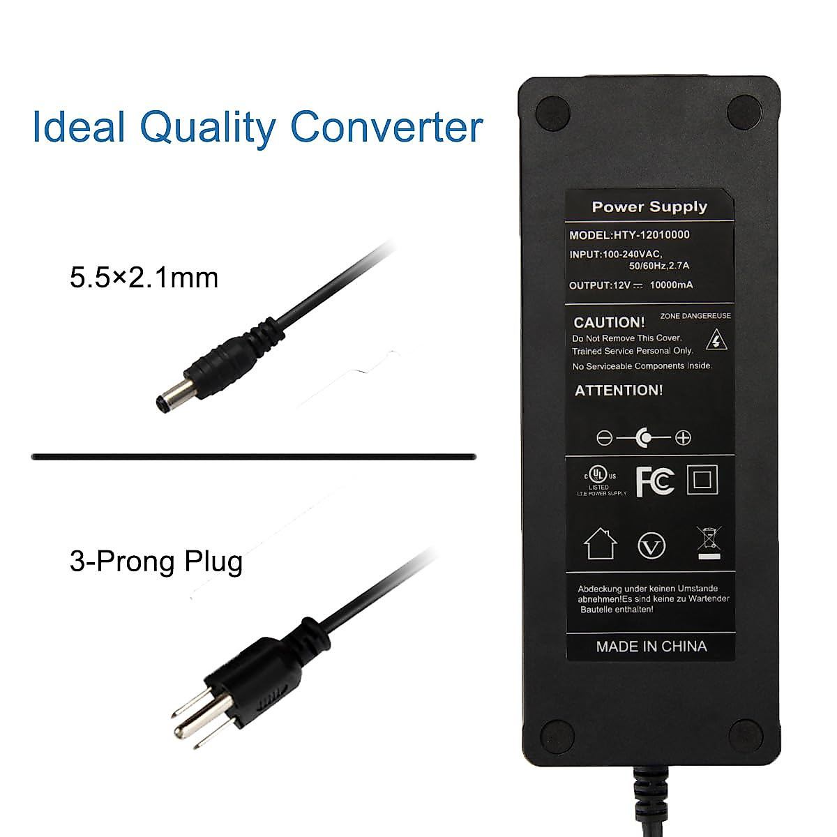 BINZET AC to DC 12V 10A 120W Power Supply Adapter Converter Regulator, 5.5mm x 2.1mm DC Plug, 12Volt 10Amp Wall Power Plug for DC12V 5050 5630 Flexible LED Strip Lights