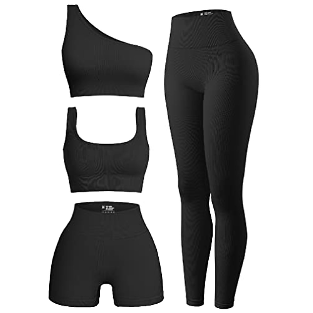 OQQ Women's 4 Piece Ribbed Exercise Scoop Neck Sports One Shoulder High Waist Legging Active Set Bra Shorts Outfit, Black, Large