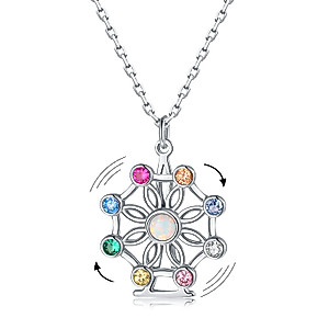 Silver Spinner Ferris Wheel Necklace - 925 Sterling Silver Romantic Fidget Anxiety Ferris Wheel Jewelry Necklaces for Women, Christmas Gifts Dainty Multi Gemstone Ferris Wheel Opal Necklace for Her