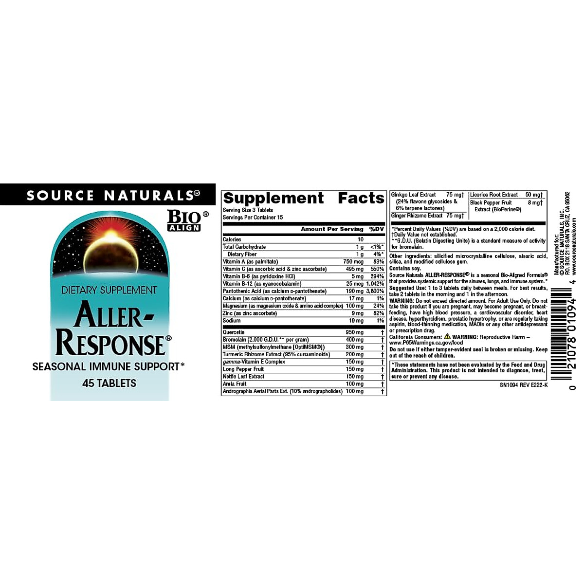 Source Naturals Aller-Response, Seasonal Immune Support* - 45 Tablets