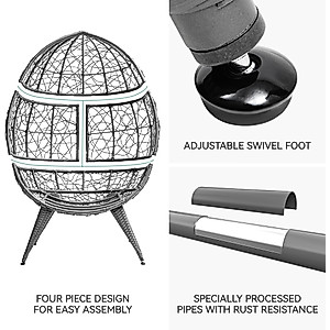 YITAHOME Egg Chair Wicker Outdoor Indoor Oversized Large Lounger with Stand Cushion Leveling Feet Egg Basket Chair 330lbs Capacity for Patio, Garden, Backyard, Balcony-Grey