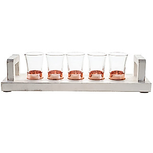 MyGift 2.5 oz Copper-Tone Base Shot Glasses Tasting Board Set - Includes Vintage White Wood Serving Tray and 5 Shot Glasses