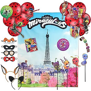 Miraculous 50-Piece Mega Party Pack - All-In-One Party Box For Zag Heroez Themed Birthday Party, Ladybug Party In A Box Celebration Kit, Backdrop and Party Props For Kids Birthday Party