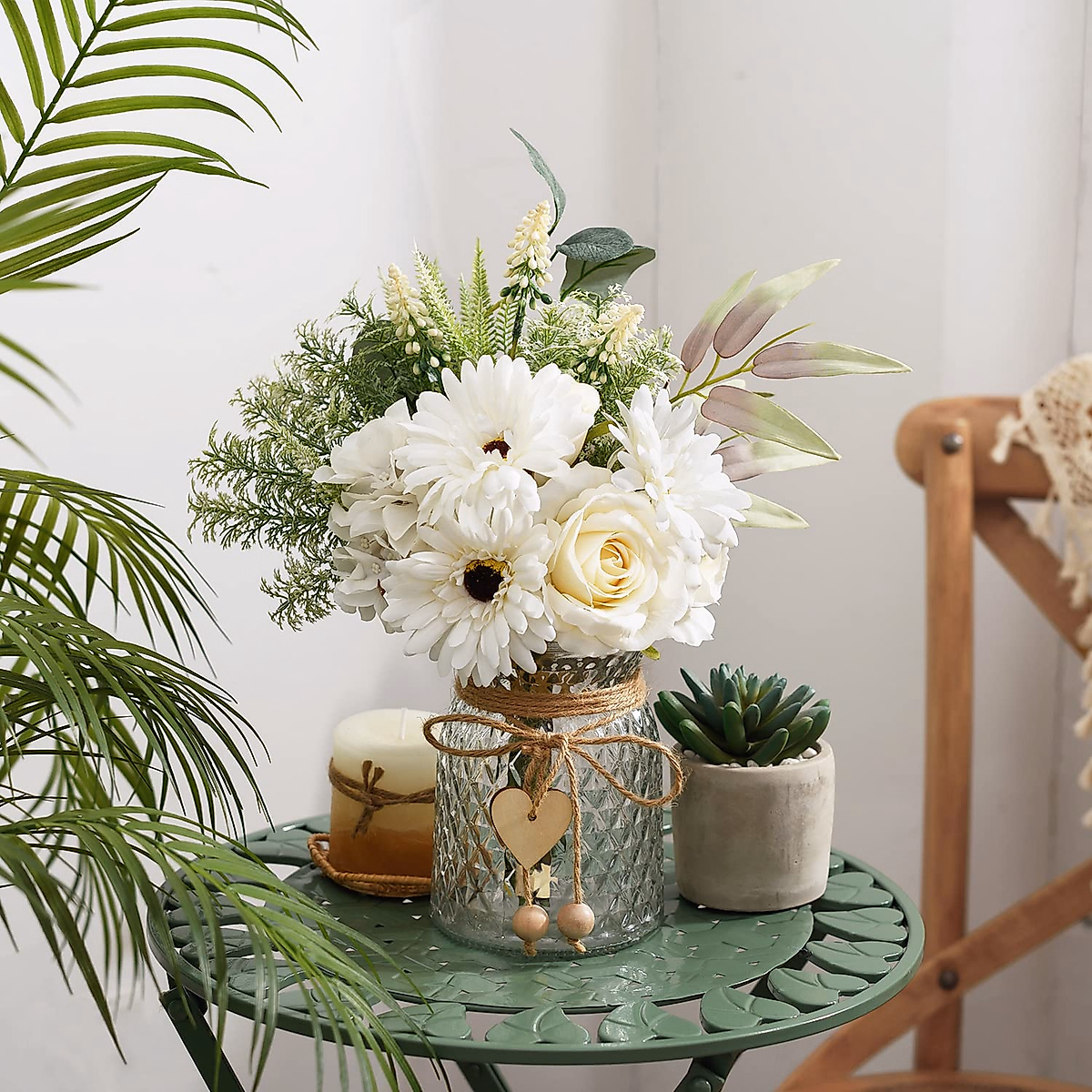 COZZI CODI Artificial White Flowers with Vase, Fake Flowers Arrangement for Home Decor, Faux Flowers for Farmhouse Coffee Table Decor, House Kitchen Centerpiece Table Decorations