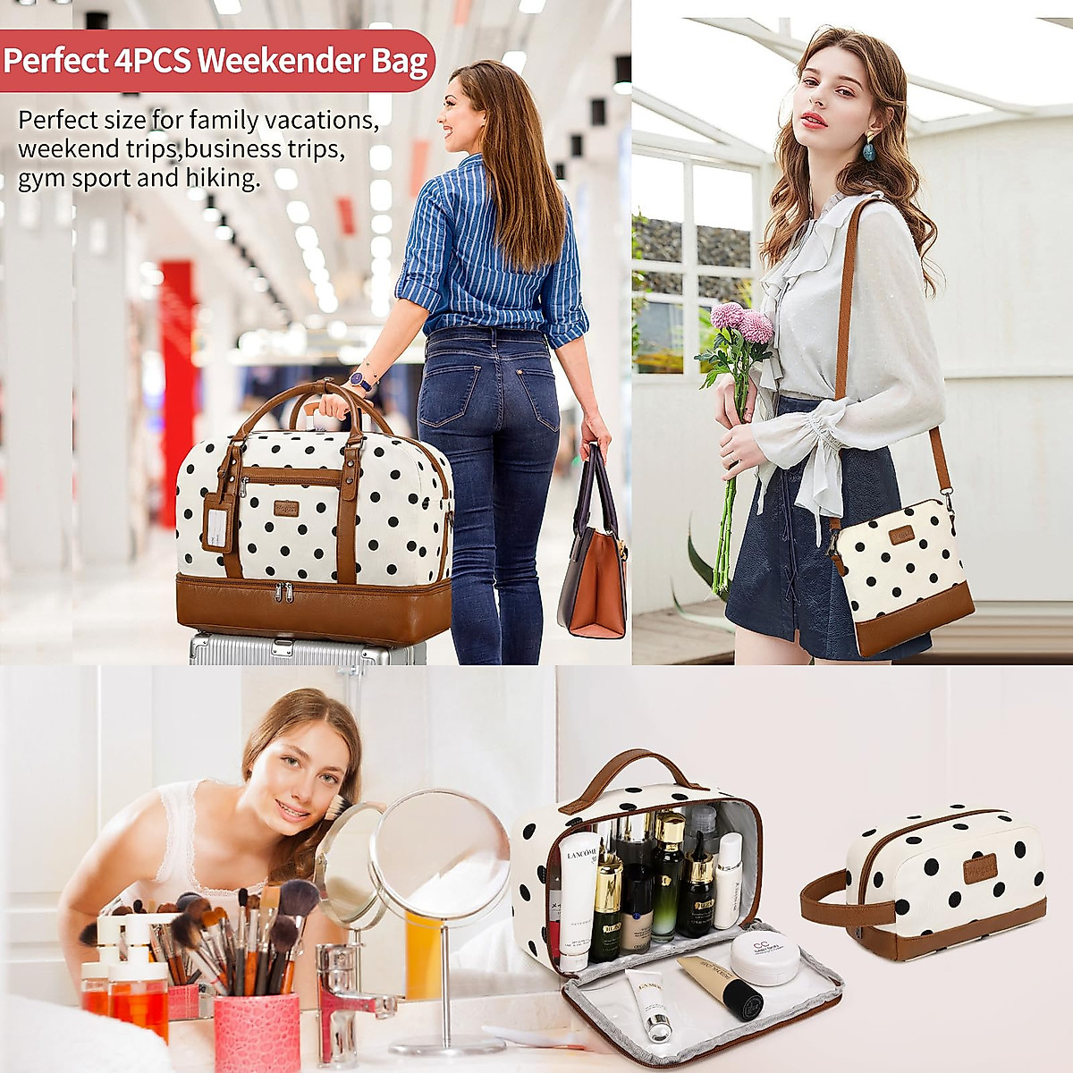 Wogarl 4PCS Weekender Bags for Women Large Overnight Bag Weekend Travel Duffel Bag Carry on Shoulder with Shoe Compartment Canvas Toiletry Bag for Travel Business Gym,Black Dot