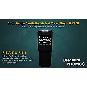Personalized 32 oz. Barton Plastic Double Wall Travel Mugs - 12 Pack - Custom Text, Logo - Black