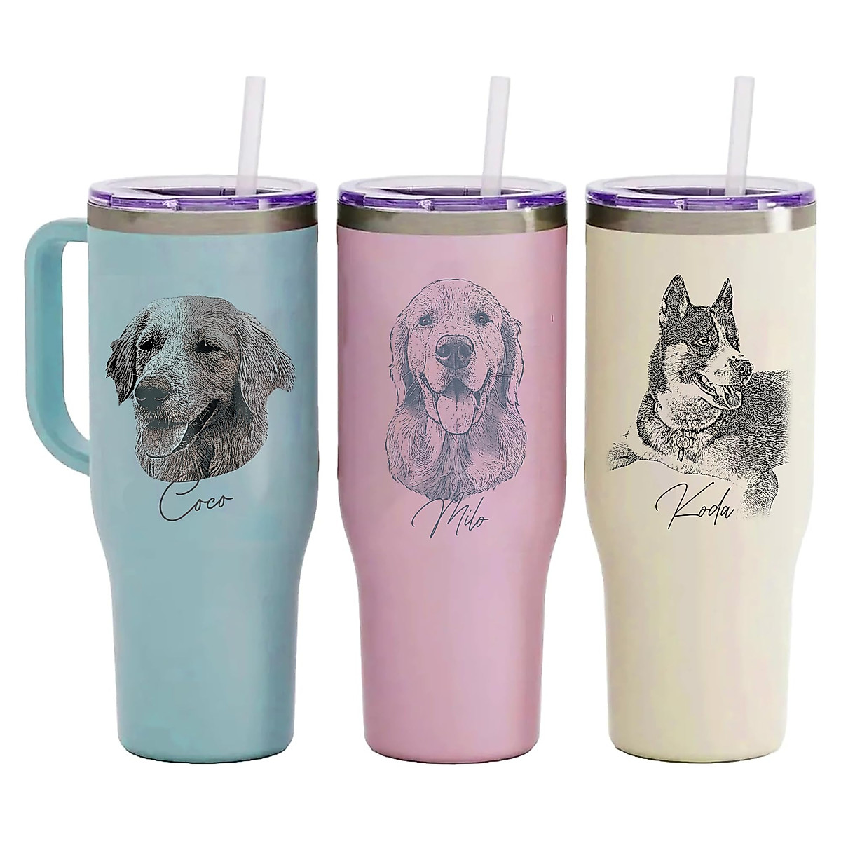Custom Cat, Pets Photo Personalized Tumbler 40 oz Laser Engraved, Insulated Cup with Handle, Lid and Straw, Vacuum Insulated, Coffee Mug, Personalized Gifts For Cat Mom 1