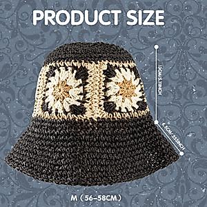 Womens Straw Sun Hat Woven Bucket Hat Summer Beach Cap Fishing Hat Fashion Floral Cap Beach Hat for Women Foldable Vacation Travel Straw Hat Black