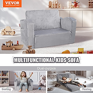 VEVOR Kids Couch, Toddler Chairs Comfy, 2-in-1 Toddler Couch Sofa Bed Fold Out, Convertible Sofa to Lounger, Kids Chair Seat Playroom Furniture for Kids Girls & Boys, Grey