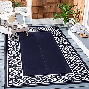 PureCozy Outdoor Plastic Straw Rug Navy Blue Waterproof Indoor Outdoor Patio Rug 5x8 Carpet Geometric Reversible Mat Modern Washable Large Outside Area Rug for Camping RV Porch Deck Balcony Beach