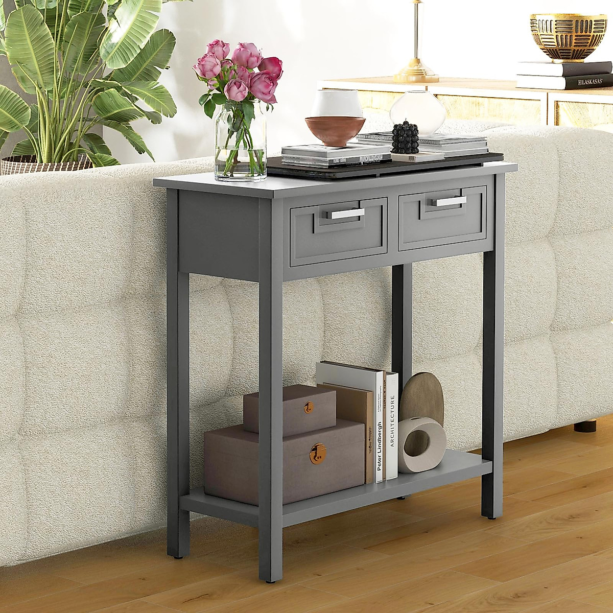 Giantex Console Table with Drawers, Entry Table, Narrow Sofa Table with Open Storage Shelf, Wood Legs, Foyer Table, Entryway Table for Office, Living Room, Hallway, Couch Table(Gray)