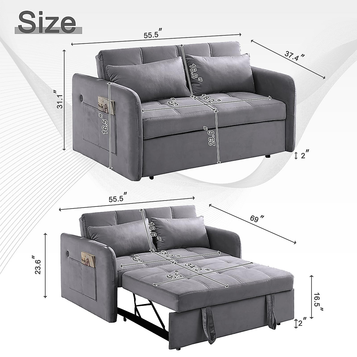 JEEOHEY Sleeper Sofa Couch,55.5" Modern 3-in-1 Tufted Velvet Convertible Pull Out Couch with USB, Adjustable Backrest Small Futon Loveseat Sofa Bed for Small Space Livingroom Apartment Office,Grey