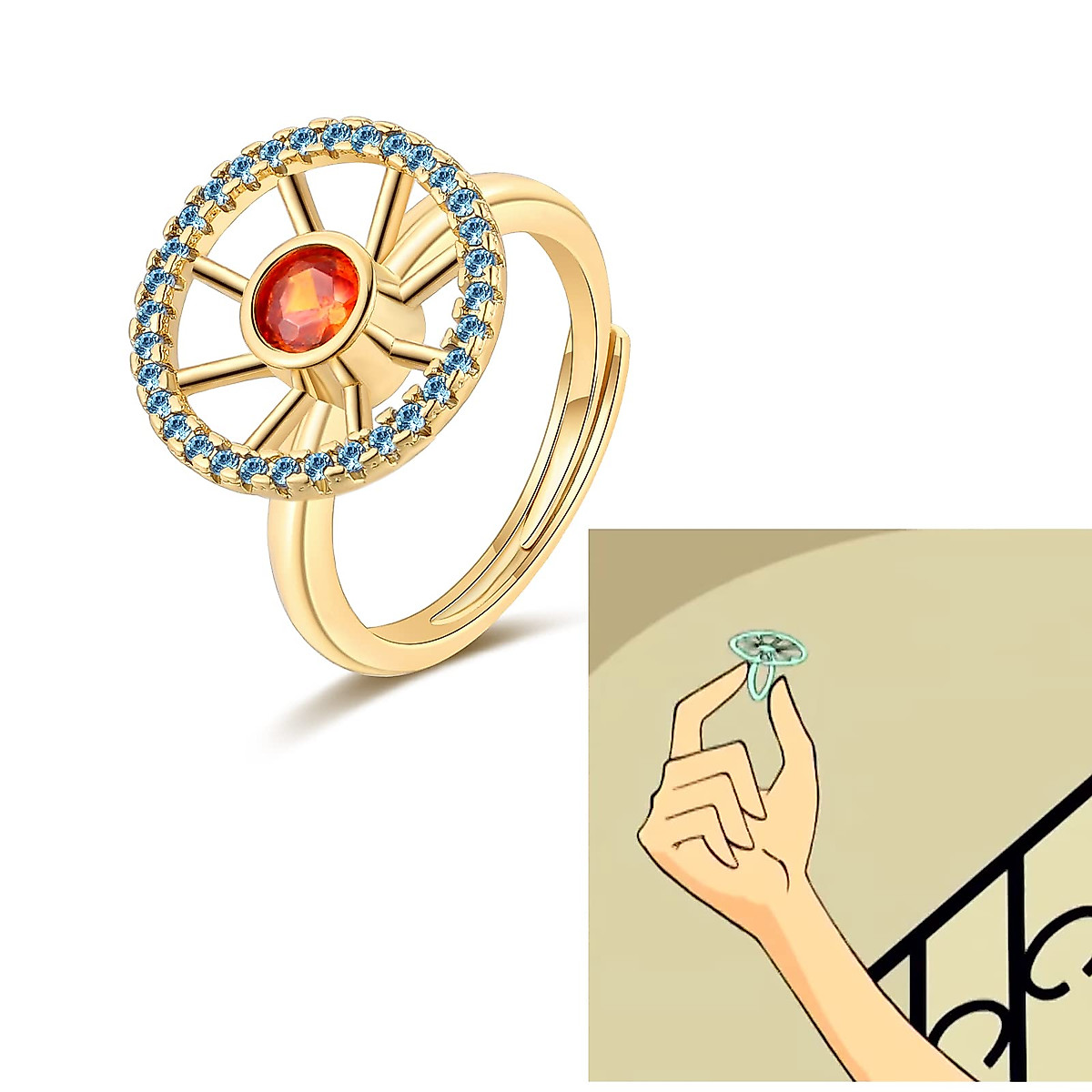 IDesign Stella's Ring of Solaria, Sun Ring, Star Light, Sun Burst, Fairy Heirloom Solaria Rhinestone Crystal Ring (gold)