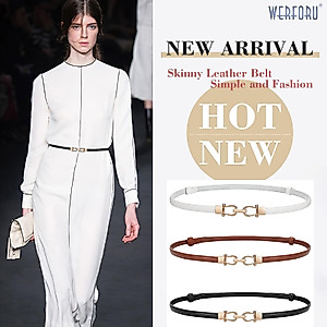 WERFORU Women 3 Pack Skinny Belt for Dress,Thin Waist Belt - Adjustable Leather Belt with Gold Buckle, Fit Waist Size below 37 Inches, White+Brown+Black