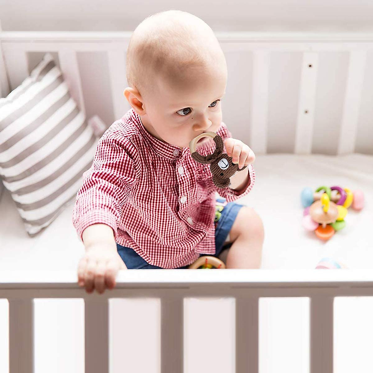 bopoobo Baby Wooden Rattle-5PCS Natural Crochet Bear Organic Montessori Wood Toys Montessori Toys for Babies Wooden Baby Toys Wooden Infant Teething Ring Baby Rattle for 0-6 Months and 6-12 Months