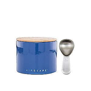 Airscape Ceramic Coffee and Food Storage Canister & Scoop Bundle - Patented Airtight Inner Lid Preserves Food Freshness - Glazed Ceramic Container with Bamboo Top (Small, Cobalt Blue & Scoop)