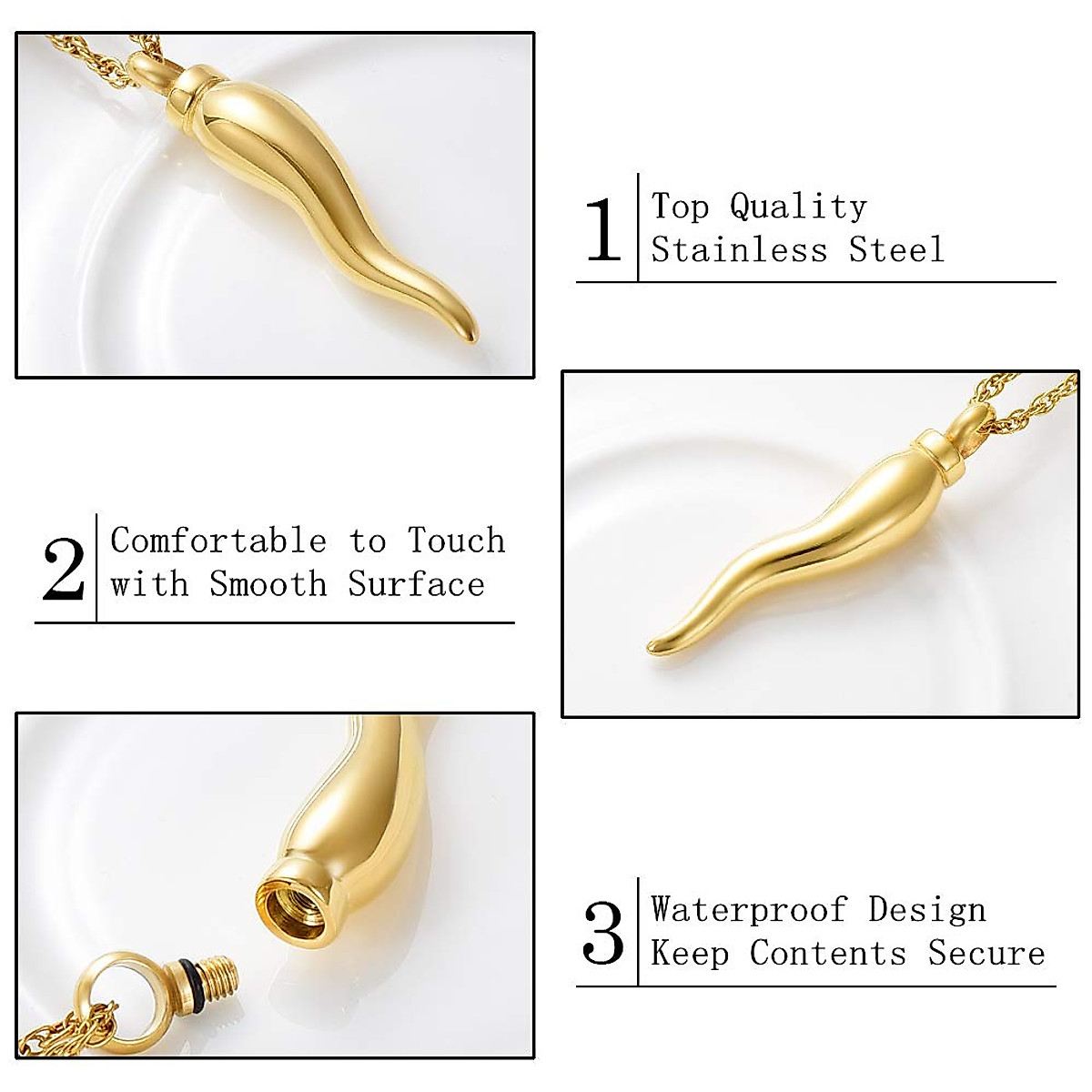 Cremation Jewelry Italian Horn Urn Necklaces for Ashes for Women Men Memorial Keepsake Necklace for Human Pet Ashes (Gold)