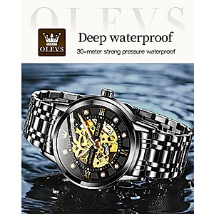 OLEVS Men’s Black Skeleton Watch Automatic Mechanical Self Winding Luxury Dress Stainless Steel Waterproof Luminous Wrist Watches