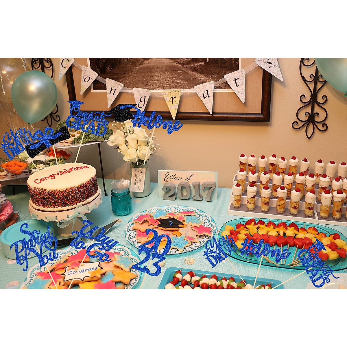 Graduation Centerpieces for Tables 2023 Blue, Glitter Class of 2023 Graduation Table Decorations, High School Graduation Party Centerpiece Sticks Supplies, Graduation Party Decorations 2023 Blue, 24Pcs
