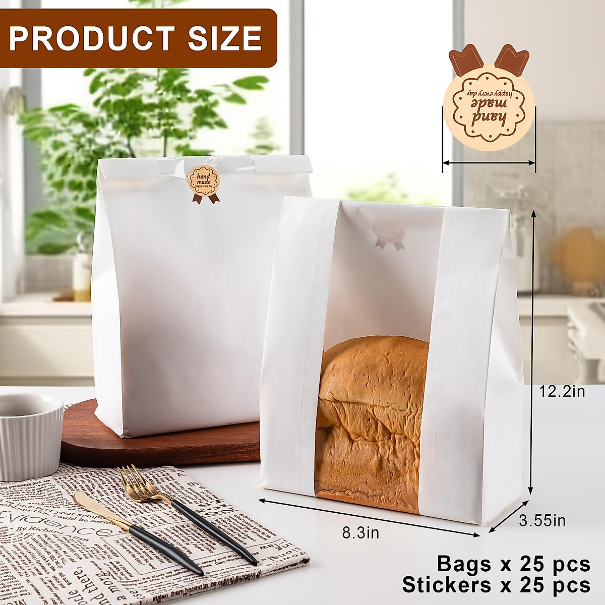 25PCS Paper Bread Bags-White, Sourdough Bread Bags for Homemade Bread, Large Bakery Bags with Window Includes 25PCS Label Seal Stickers for Homemade Bread Storage(13.7x8.3x3.5 inch)