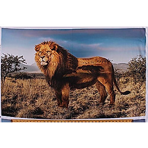 27.25" X 44" Panel Realistic Lion African Animals Wildlife Savannah Landscape Scenic Nature Africa Wild Kingdom Digital Print Cotton Fabric Panel (Q4494-LION-259)