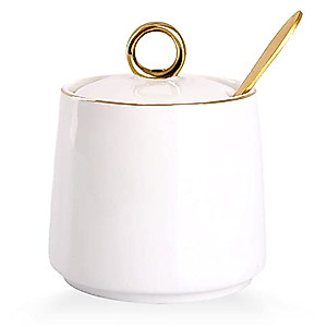 WHJY Ceramic Sugar Bowl with Lid and Spoon, Simple White Clear Porcelain Salt Bowl Salt Container, Modern Spice Box Seasoning Jar for Home and Kitchen Coffee Bar - White