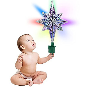 Christmas Tree Topper, Yocuby Hollow Silver Star Christmas Tree Topper Lighted with LED Rotating Magic Ripple Light for Crown Xmas Tree Topper Decoration, Wall Party Holiday Déco