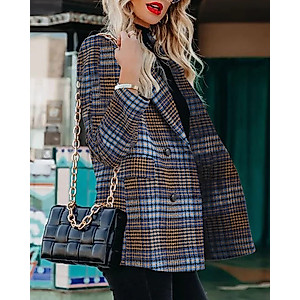 Taodou Women's Casual Blazers Woolen Plaid Blazer Lapel Long Sleeve Button Pocket Jackets Coat Blue