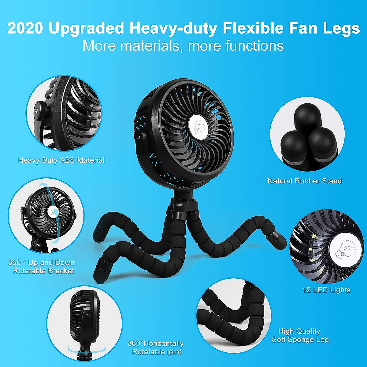 WGCC Mini Handheld Personal Portable Fan, Stroller Fan Clip On Baby with Flexible Tripod, Baby Stroller Fan USB or Battery Desk Fan with 3 Speeds Versatile Fan for Car Seat Crib Bike Desk (Black)
