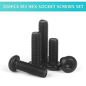 300Pcs M3 Hex Socket Screws Bolts Nuts Washers Set, M3 Button Head, Black Alloy Steel Full Thread Button Flat Head Screws Set Assortment(B-Button Head)