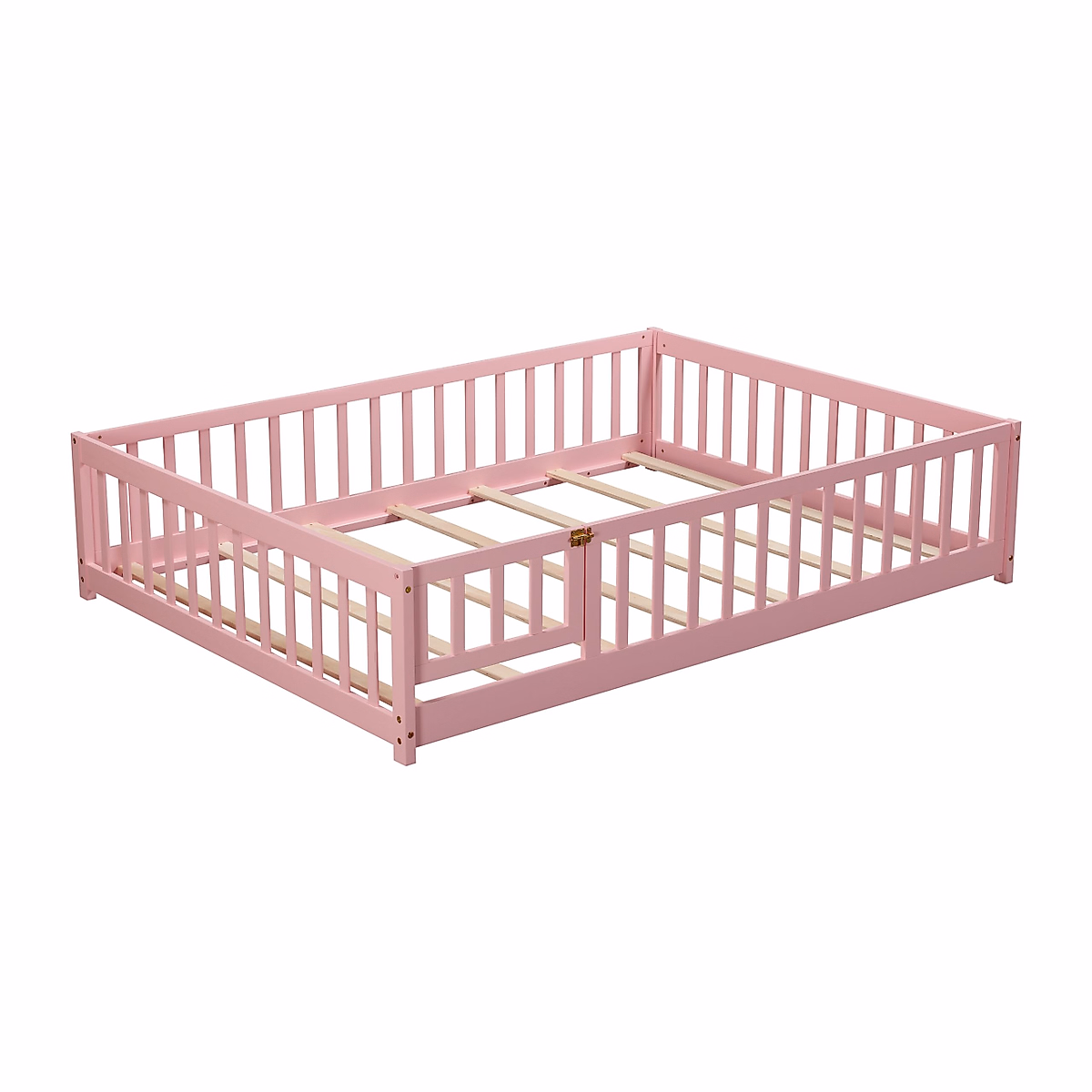 Harper & Bright Designs Full Size Floor Bed Montessori Bed Frame with Fence and Door, Wooden Full Platform Bed for Kids, Boys Girls, Slats Included, No Box Spring Needed (Full, Pink)