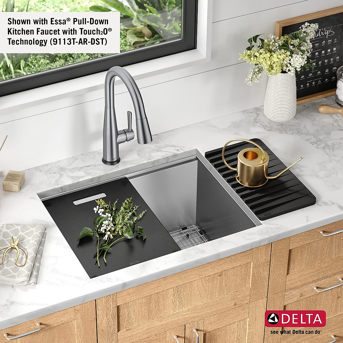DELTA FAUCET Rivet 24-inch Workstation Laundry Utility Kitchen Sink Undermount 16 Gauge Stainless Steel Single Bowl with WorkFlow Ledge and a Kit of 5 Accessories, 95B9031-24SL-SS