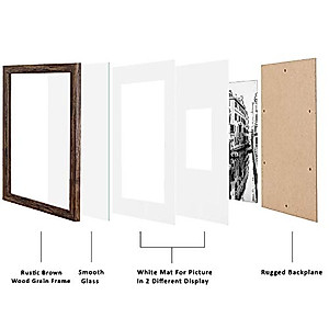 Q.Hou 11x14 Picture Frames Wood Patten Rustic Brown Set of 2, Each Frame with 2 Mats,Display A4 or Five 5x7 Photos with Mat & 11x14 Picture Without Mat for Wall Mount (QH-PF11X14-BR)