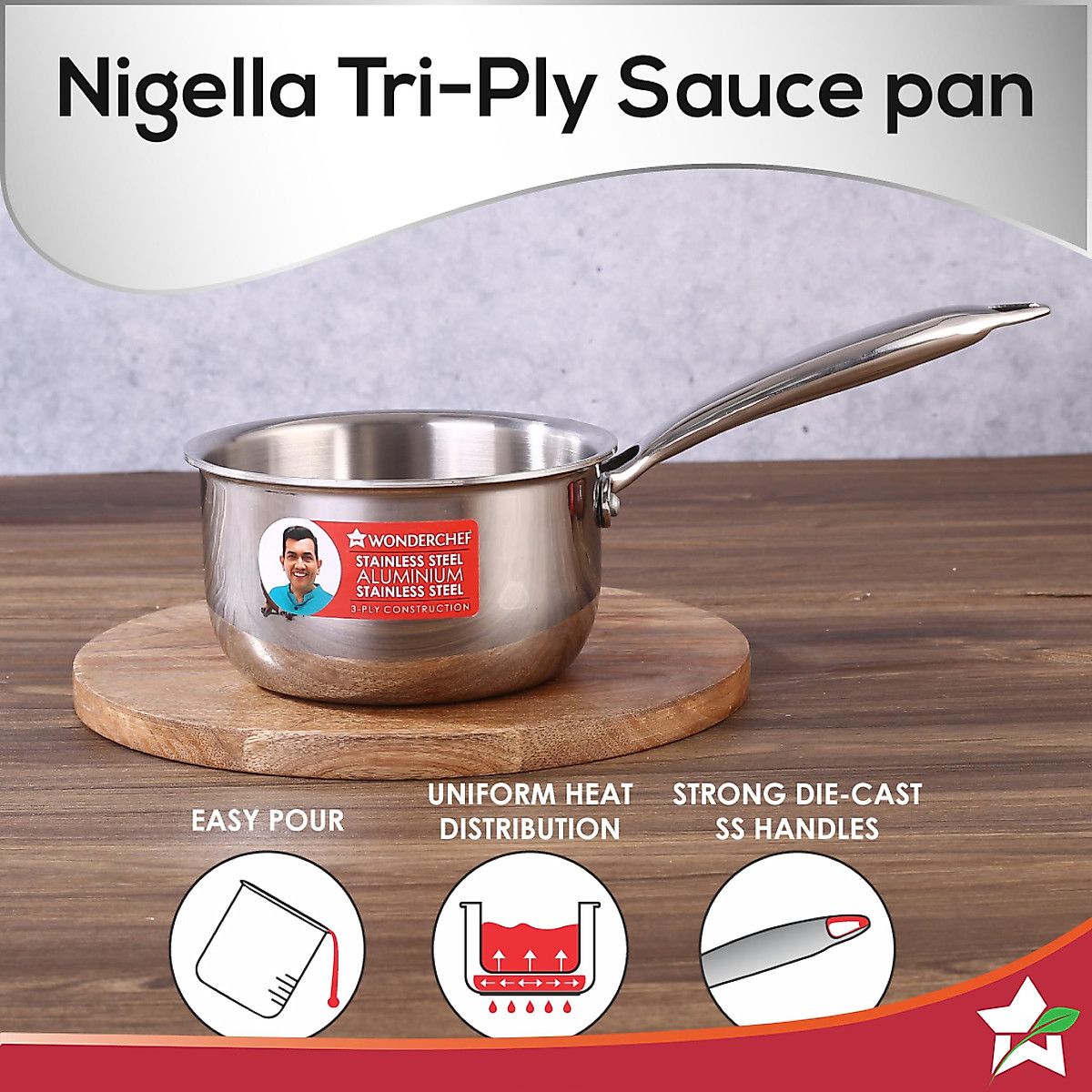 Wonderchef Nigella Tri-ply Stainless Steel 16 cm Sauce Pan | 1.5 Liters | 2.6mm Thickness | Silver |10 Years Warranty
