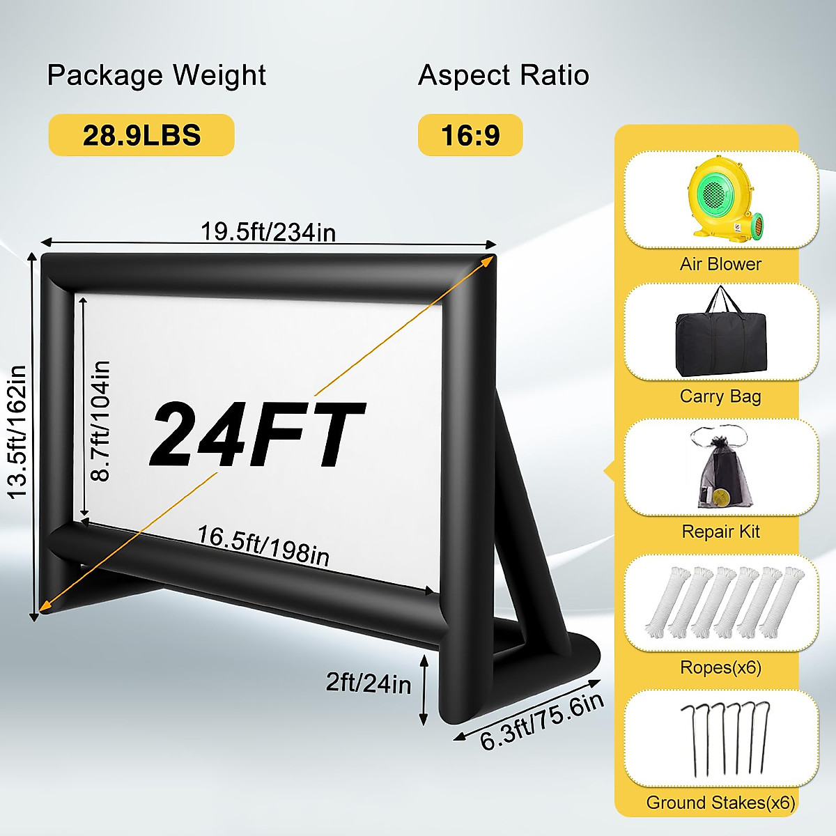 Inflatable Projector Screen, 24FT Blow Up Movie Screen Outdoor Projector, Easy Set Up One-Piece Design Front & Rear Projection with Air Blower for Outside Backyard Family Movie Night Pool Party