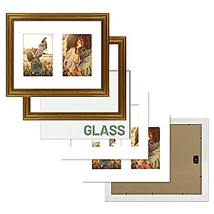 Frametory, 11x14 Picture Frame - for Two 5x7 Photos, Two Opening White Mat - Wall Display - Great for Wedding, Graduation, Engagement Photographs - Dark Gold
