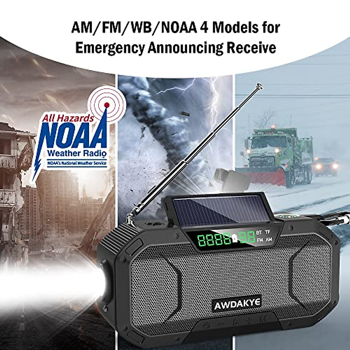 5000mAh Emergency Weather Radio with Bluetooth Speaker, Waterproof Hand Crank Digital NOAA AM FM Weather Radio, Solar Radio with Flashlight, Cell Phone Charger, Compass, Camping Survival Gear